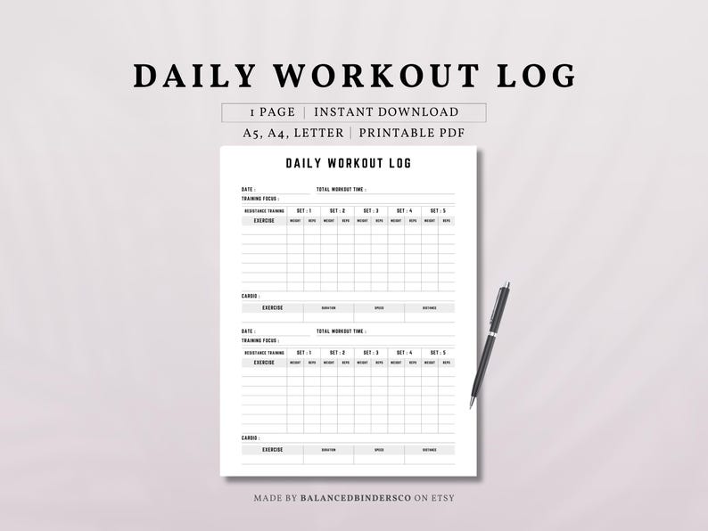Daily Workout Log Printable PDF Fitness Tracking Planner Page, Exercise ...