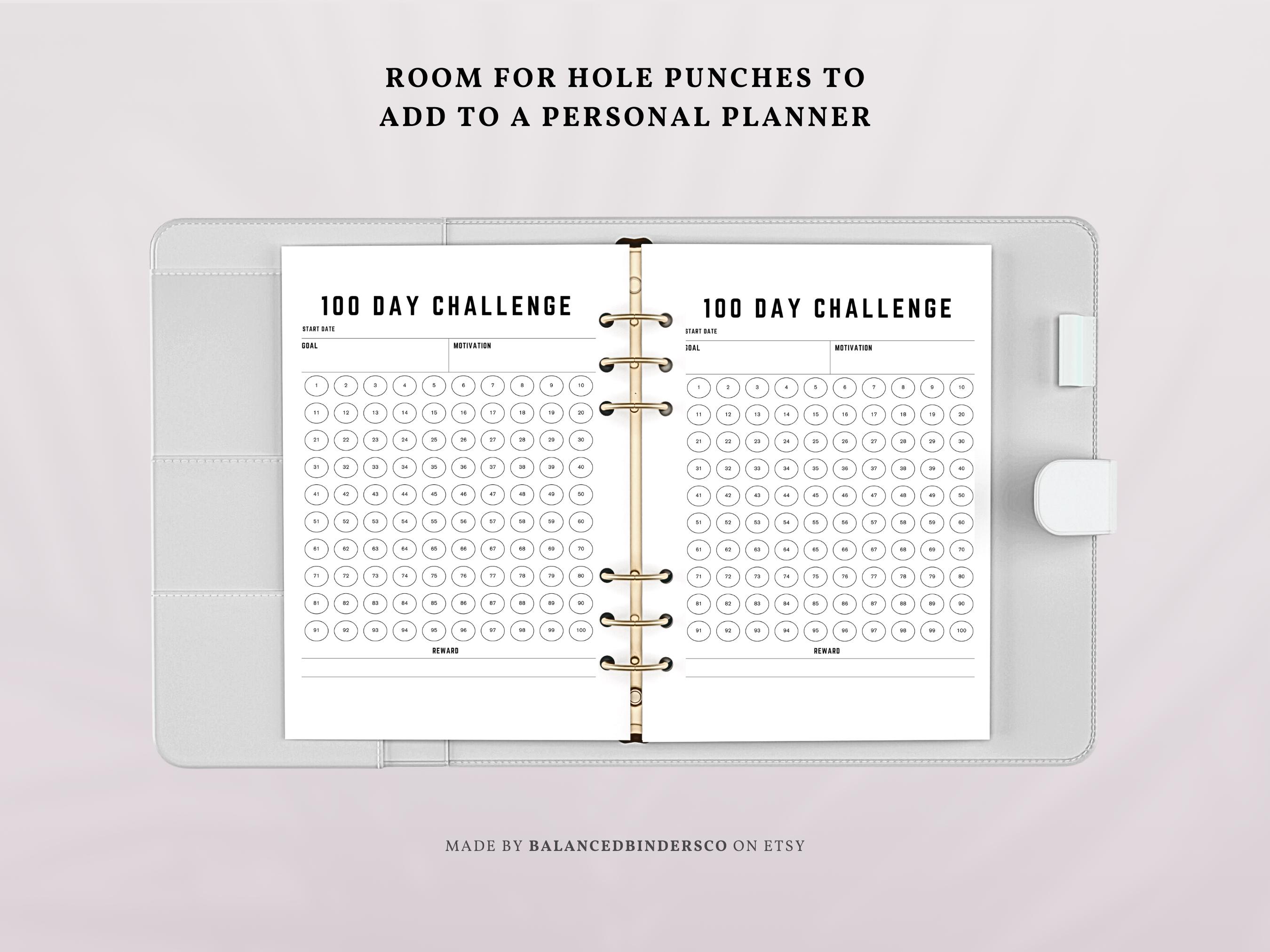 100 Day Challenge Printable PDF | Goal Tracking Planner Insert ...