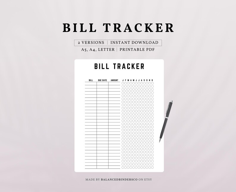 Bill Tracker Printable PDF Payment Tracking, Budget Planner, Financial ...