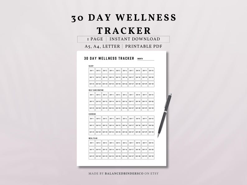 30 Day Wellness Tracker Printable PDF | Mental Health Tracking Planner ...