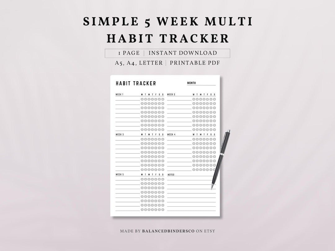 5 Week Multiple Habit Tracker Printable PDF | Simple Productivity ...