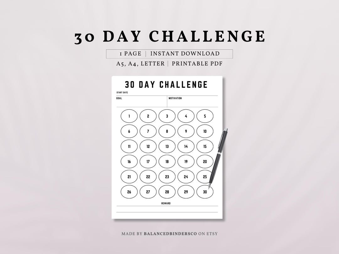 30 Day Challenge Printable PDF | Goal Tracking Planner Insert, Wellness ...