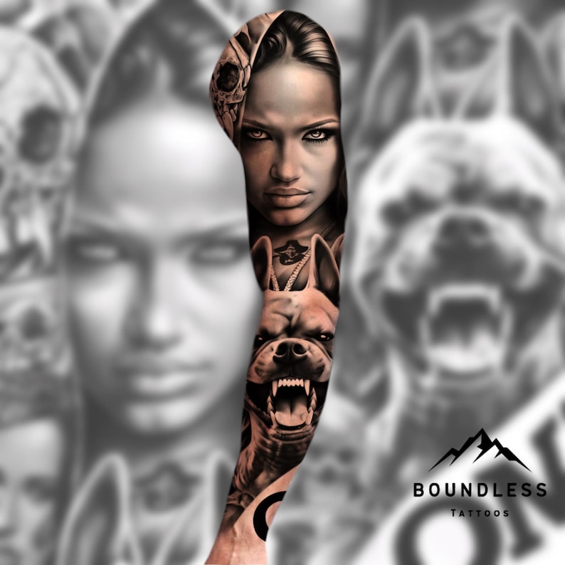 Fierce Woman, Skulls & Angry Dog Tattoo Design - Realistic Full-sleeve ...