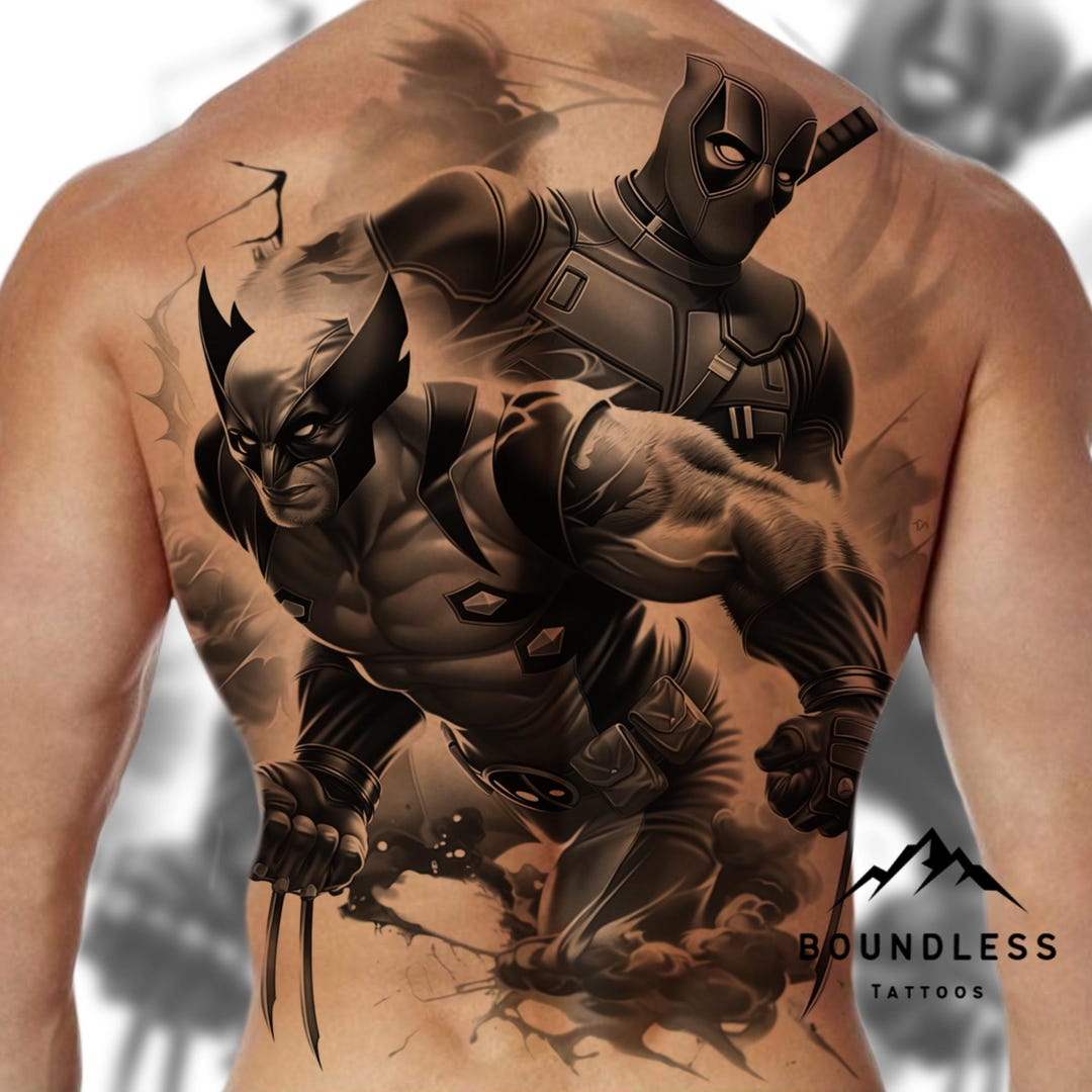 Wolverine & Deadpool Half Sleeve Tattoo Design – Black and Grey Realism ...