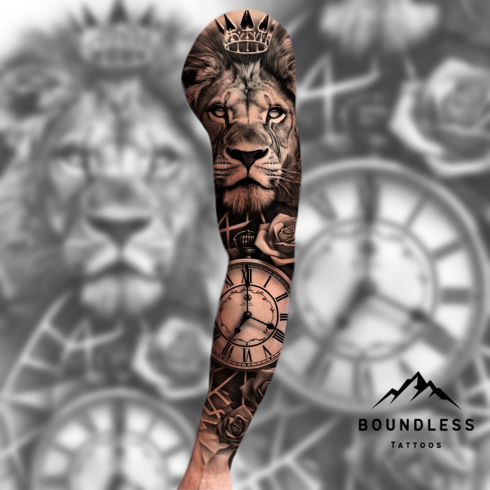 Realistic Lion & Rose Broken Clock Tattoo Design - Detailed Timepiece ...