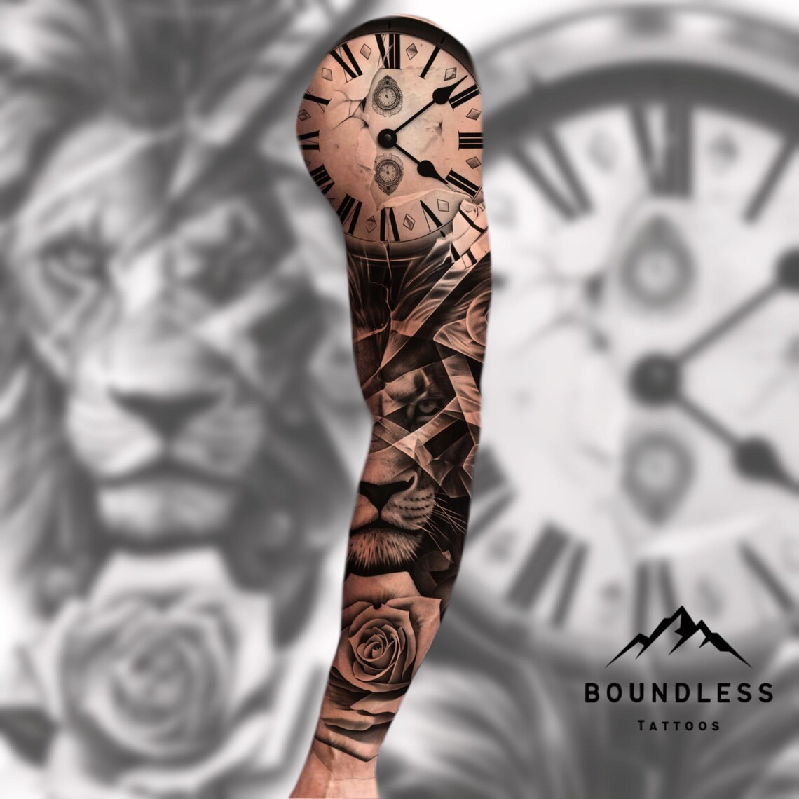 Realistic Lion & Rose Broken Clock Tattoo Design - Detailed Timepiece ...