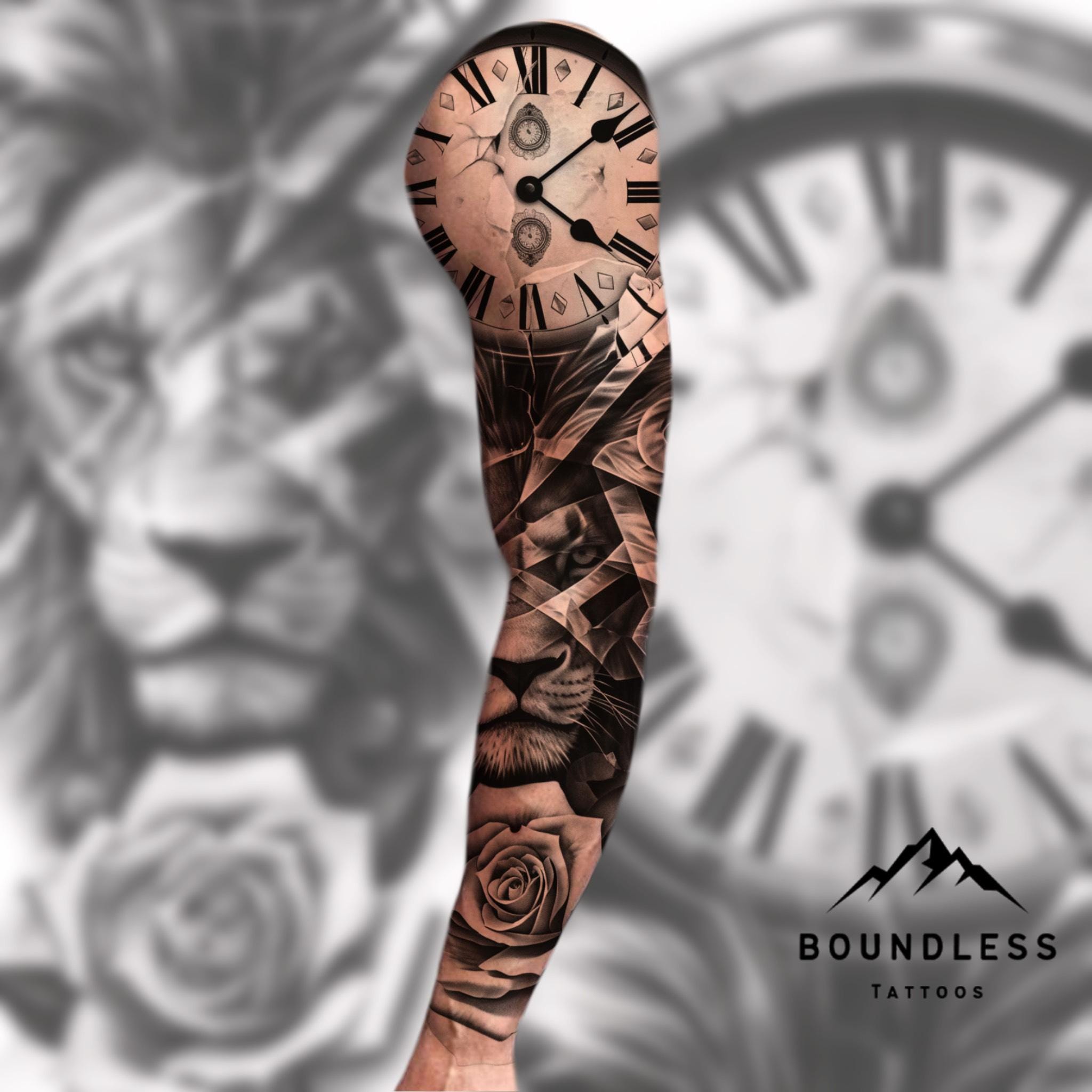 Realistic Lion & Rose Broken Clock Tattoo Design - Detailed Timepiece and Animal Half-sleeve ...