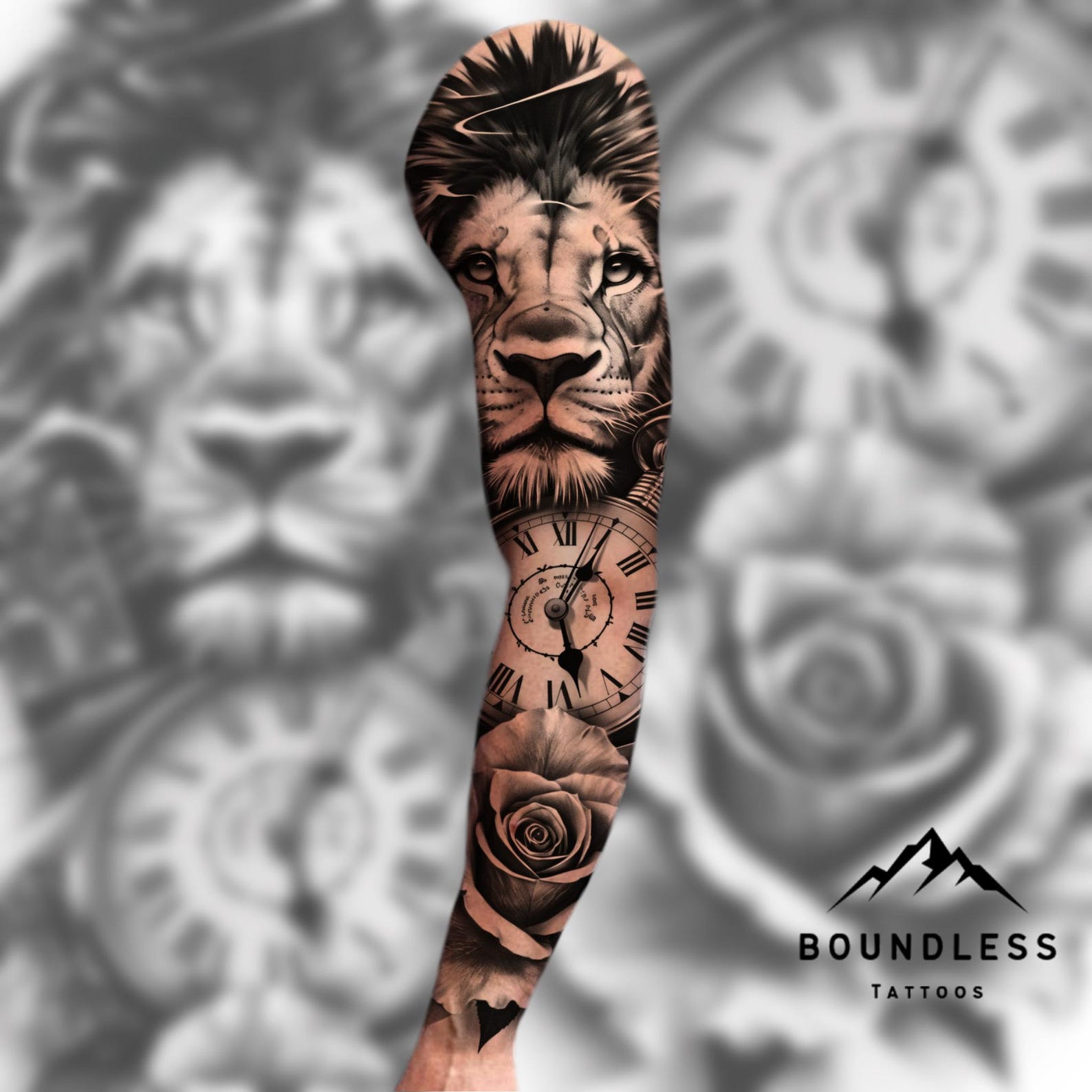 Realistic Lion & Rose Broken Clock Tattoo Design - Detailed Timepiece ...