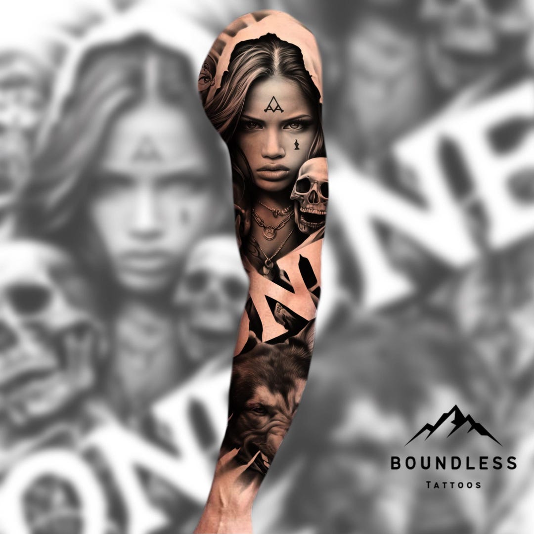 Fierce Woman, Skulls & Angry Dog Tattoo Design - Realistic Full-sleeve ...