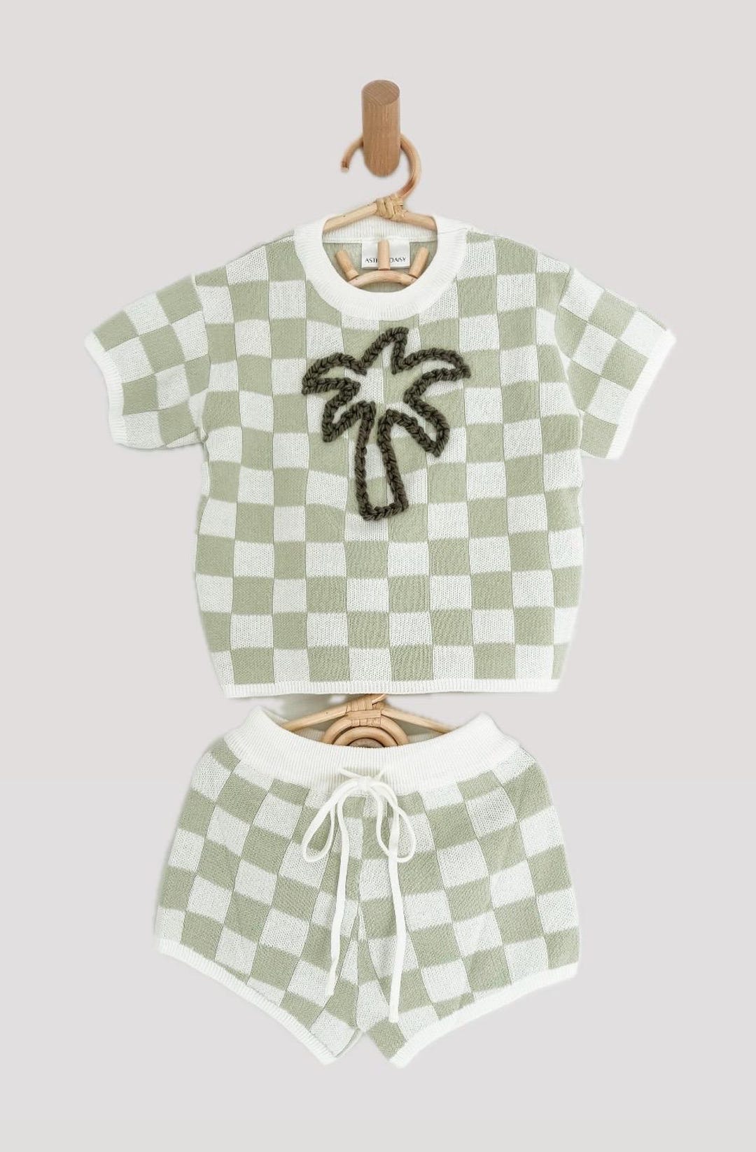 Summer Clothing Set Kids Beach Outfit Embroidered Checkered Two Piece Palm Tree Top Wave Sun ...