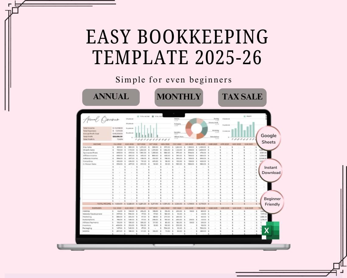 Easy Bookkeeping Template 2025-2026 Google Sheets Accounting Tool Sales ...