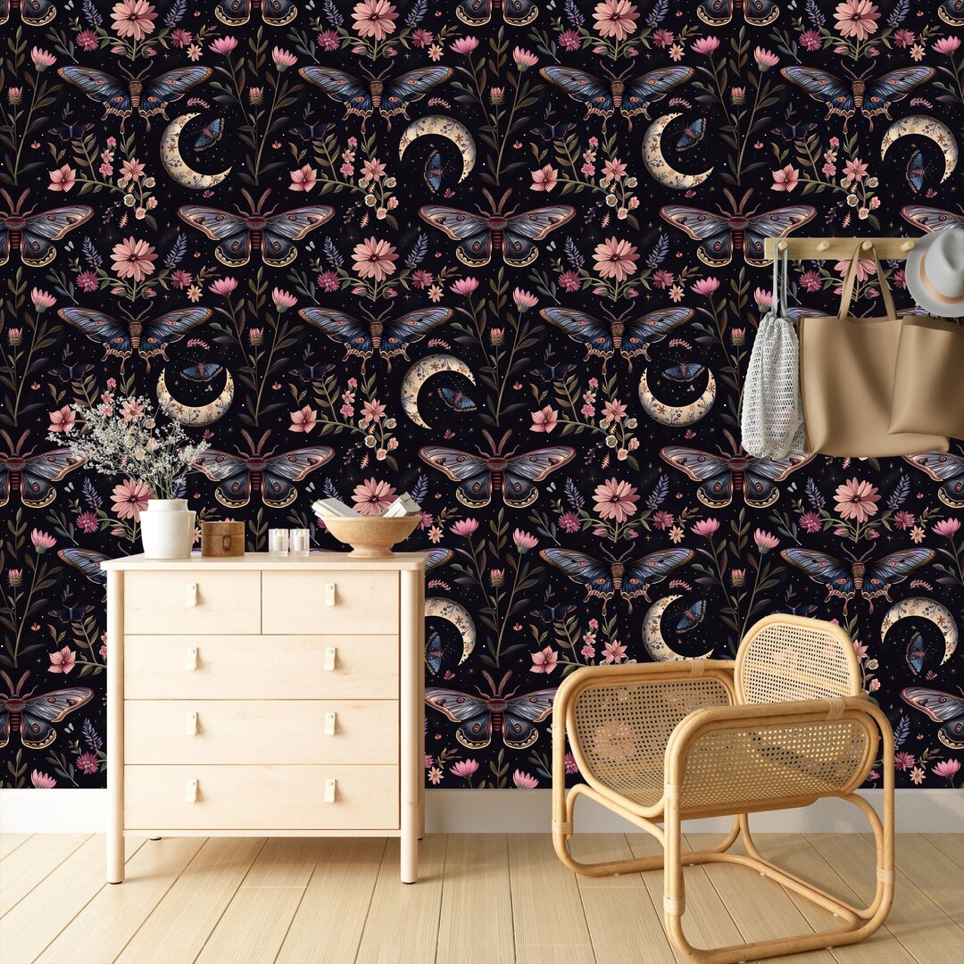 Black Gothic Mural,butterflies and Pink Flowers Peel and Stick Wall ...