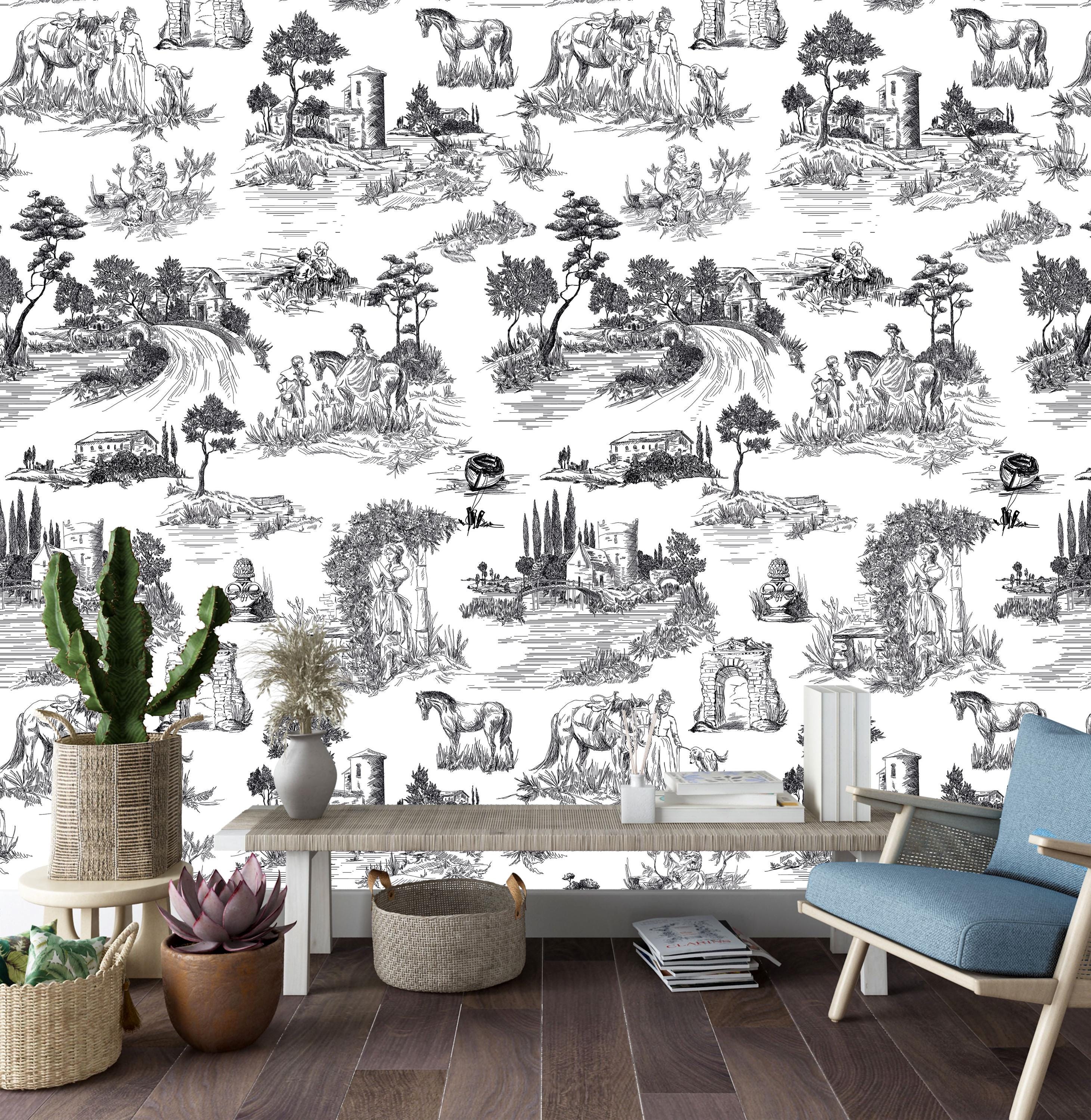 French Toile Mural,black White Toil De Jouy Wallpaper Peel and Stick ...