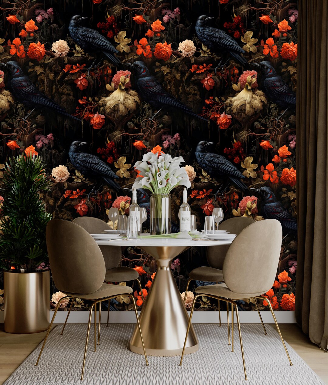Gothic Wallpaper With Crows,dark Floral Mural Peel and Stick,moody Wall ...