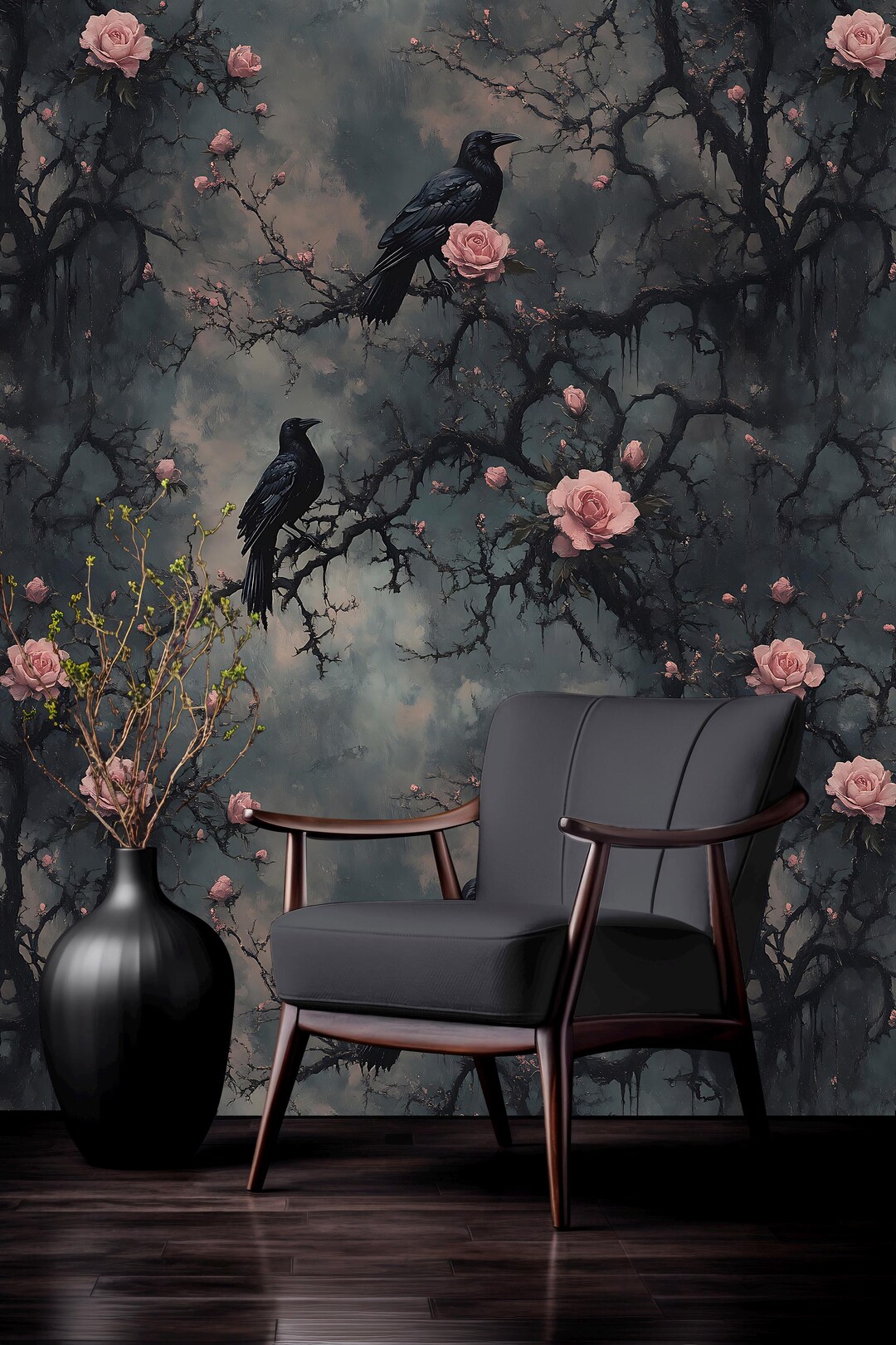 Dark Floral Gothic Wallpaper With Crows,mystic Flowers Mural Peel and ...