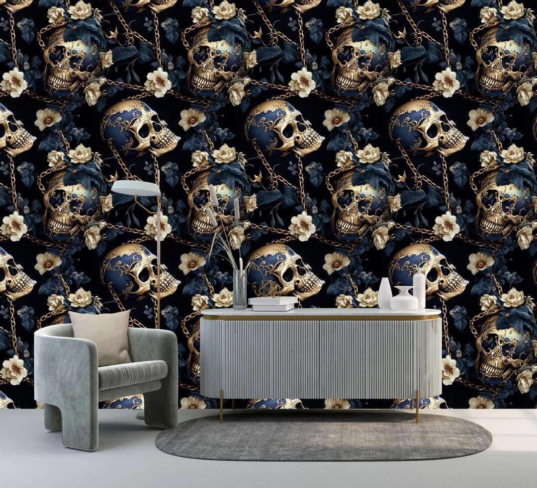 Dark Blue Gothic Wallpaper Peel and Stick,gold Skull Mural,golden Chain ...