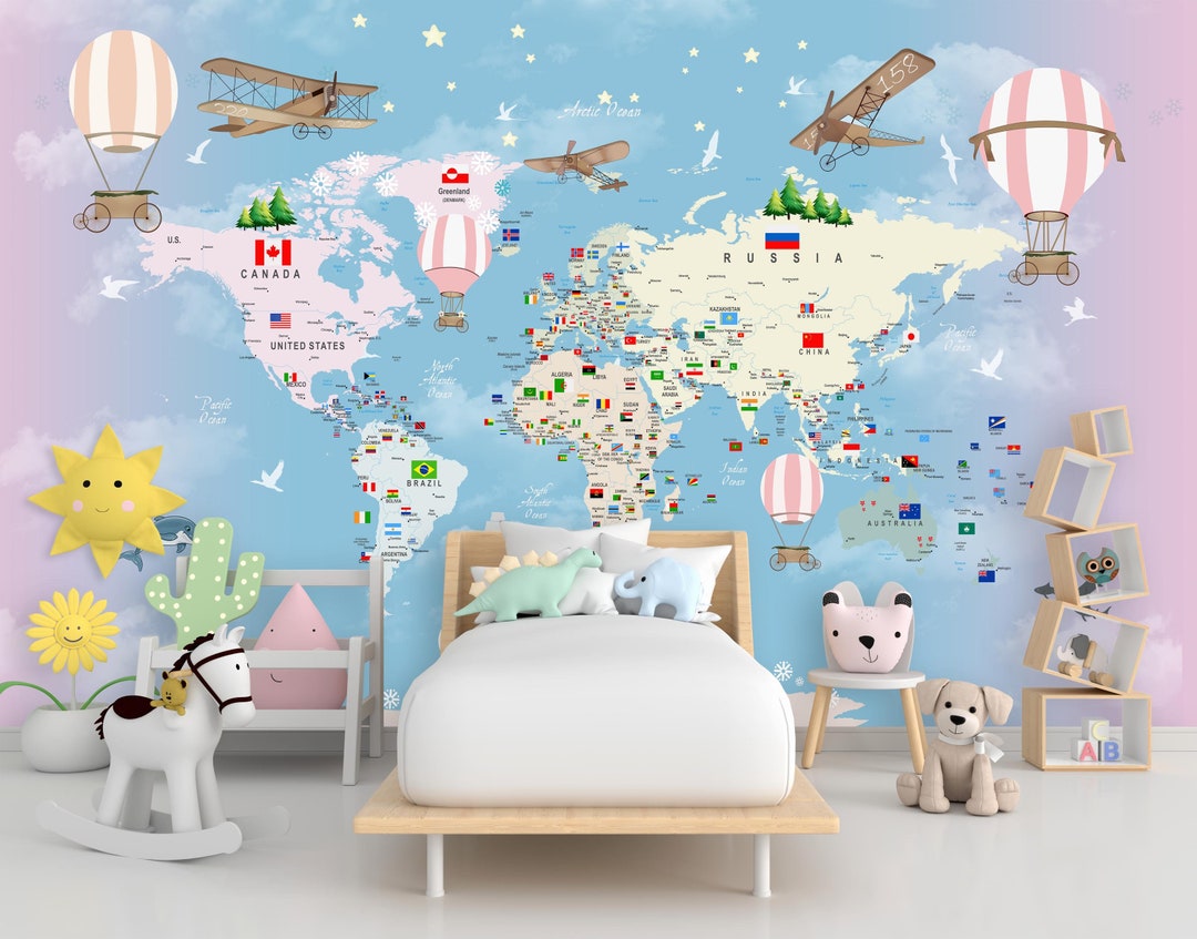 Kids World Map Wallpaper Peel and Stick,hot Air Balloon Mural for Girls ...