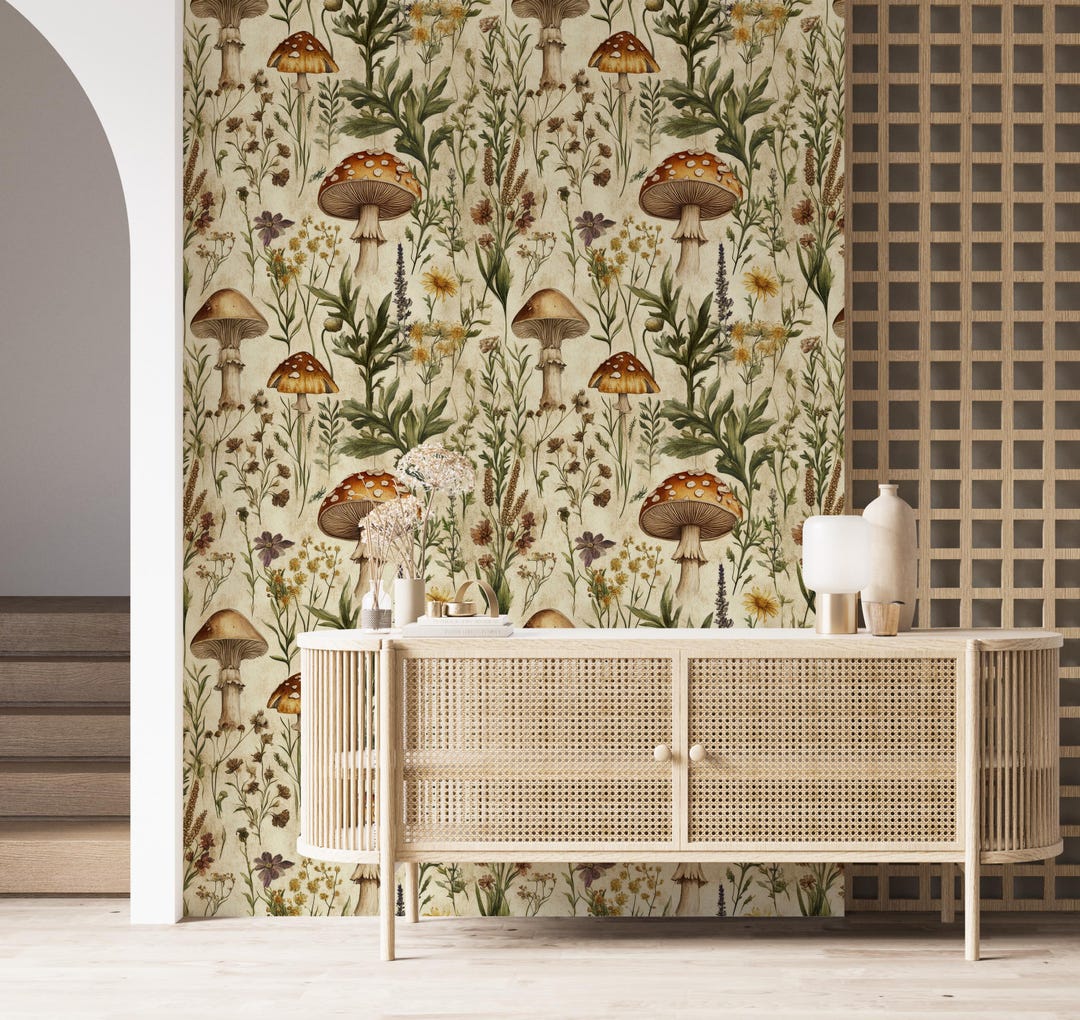 Vintage Botanical Wallpaper,mushroom Mural Peel and Stick,forest Plants ...
