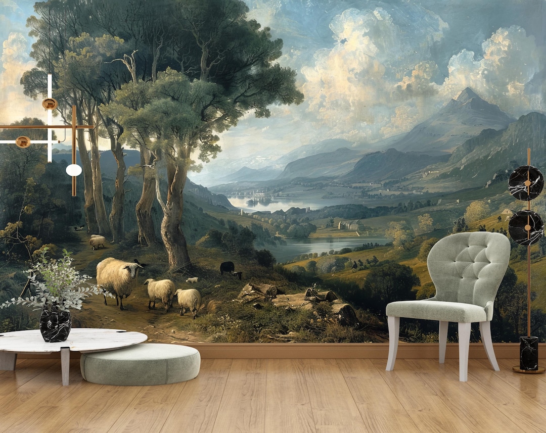 Pastoral Wallpaper Peel and Stick,rural Landscape Mural,vintage ...