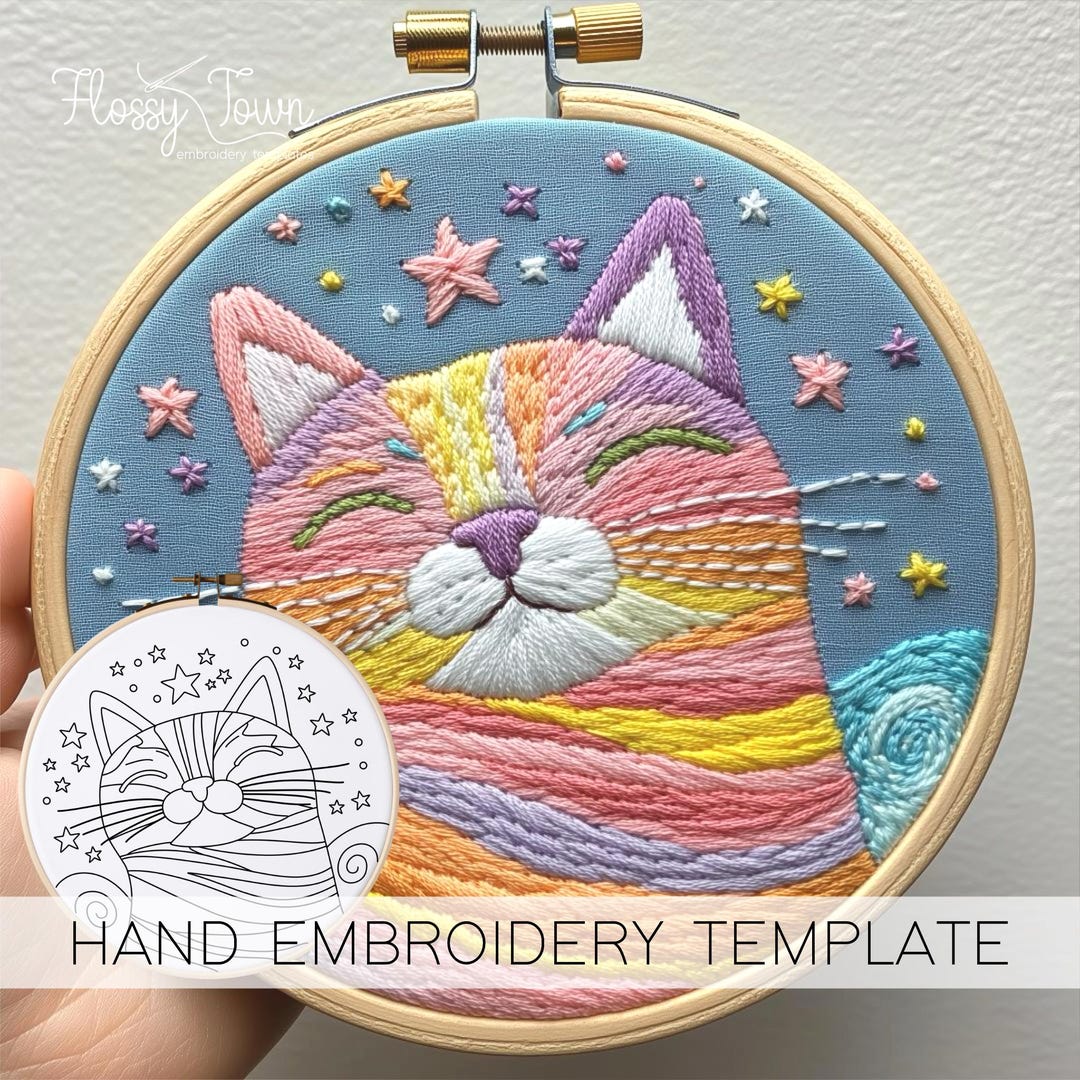 Rainbow Cat Embroidery Template (NO STITCH GUIDE), Fun Cat Hand ...