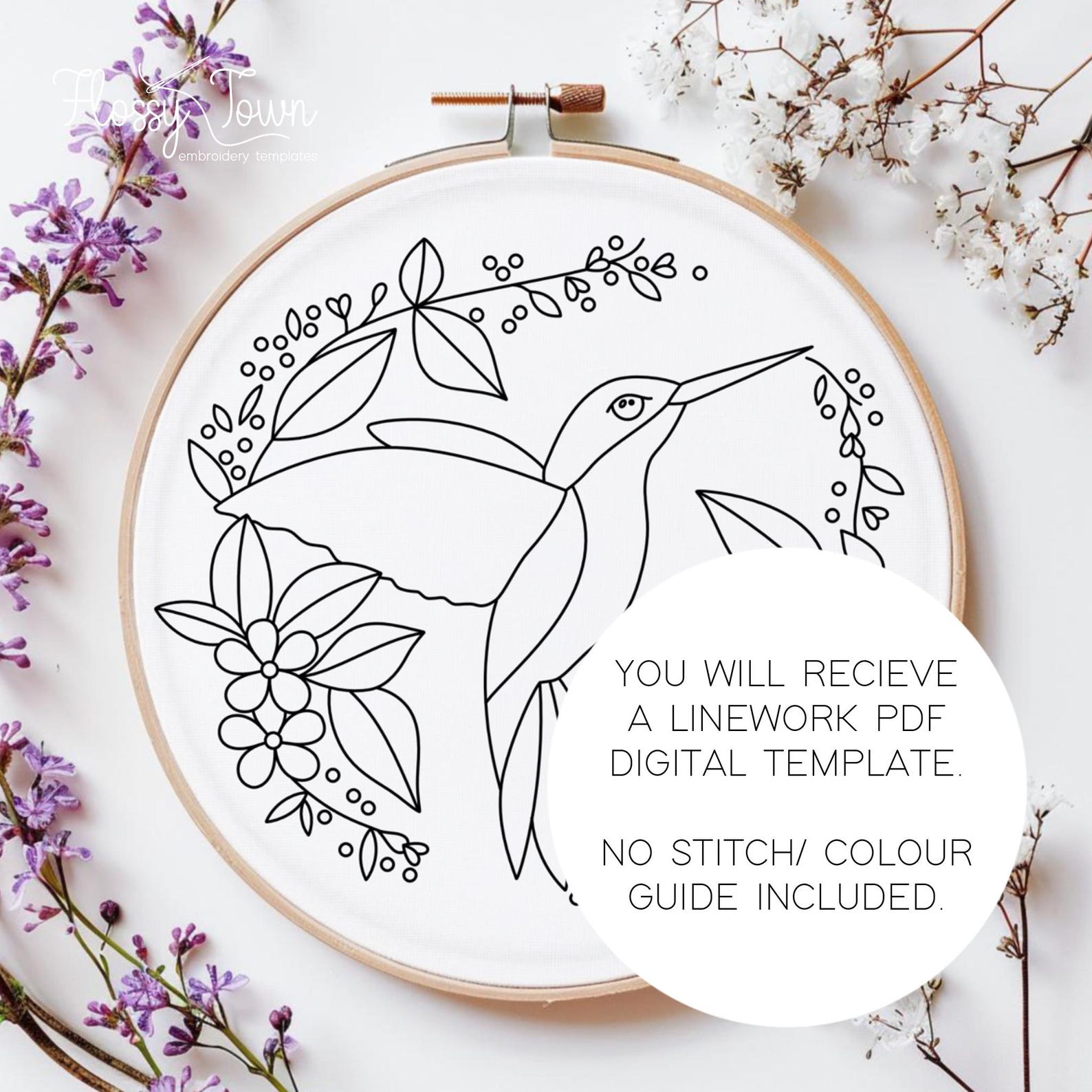 Hummingbird Embroidery Pattern Template, Bird Hand Embroidery Pattern ...