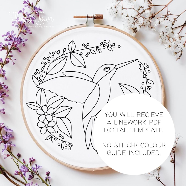 Hummingbird Embroidery Pattern Template, Bird Hand Embroidery Pattern ...