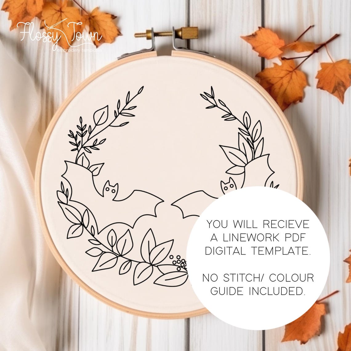 Bats Wreath Hand Embroidery Template(no STITCH GUIDE), Spooky Halloween ...