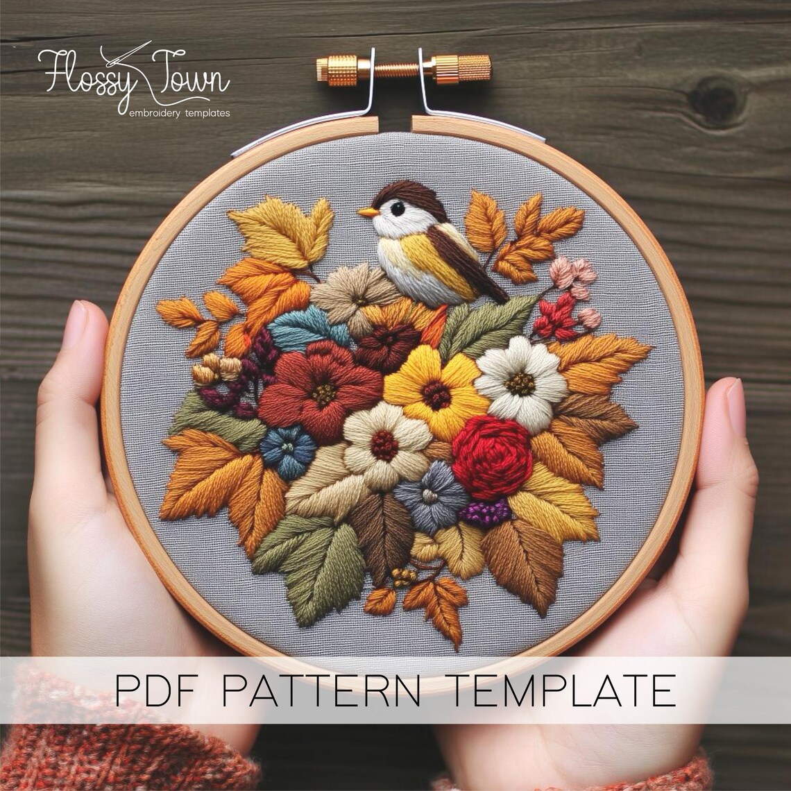 Fall Bird Embroidery Pattern Template, Fall Leaves Hand Embroidery ...