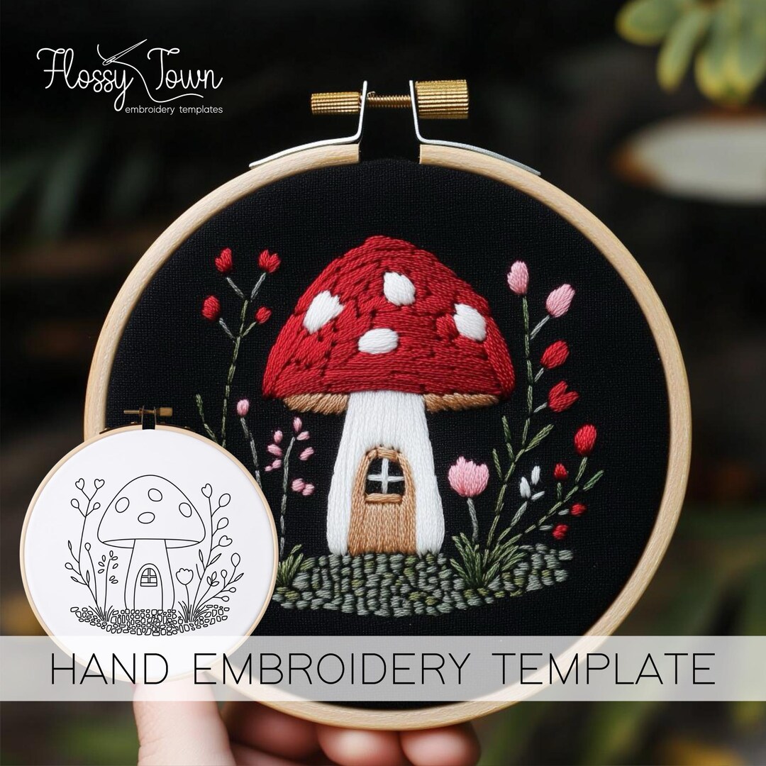 Mushroom House Embroidery Template, Fairy House Embroidery Pattern ...