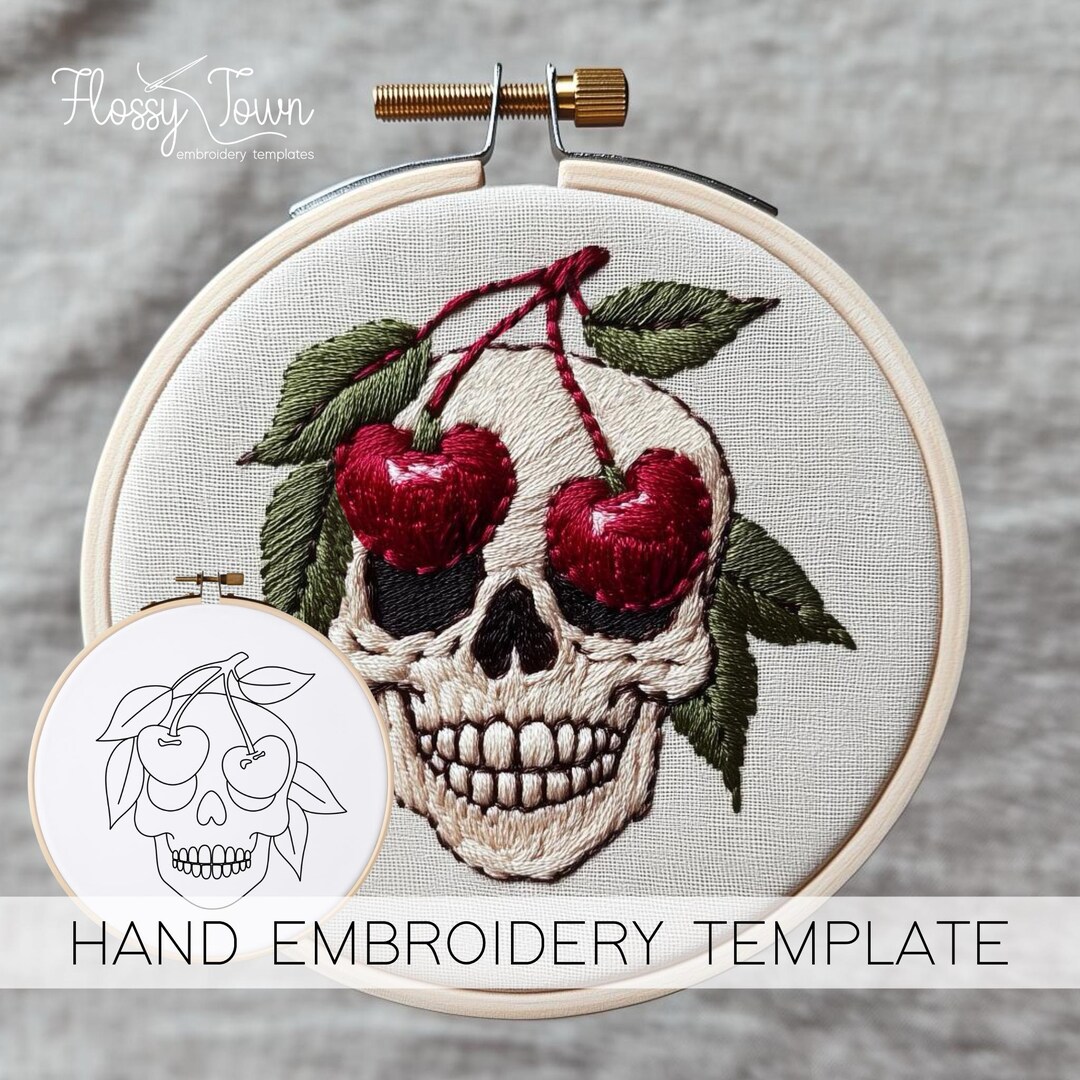 Cherry Skull Hand Embroidery Template (NO STITCH GUIDE), Spooky Plant ...