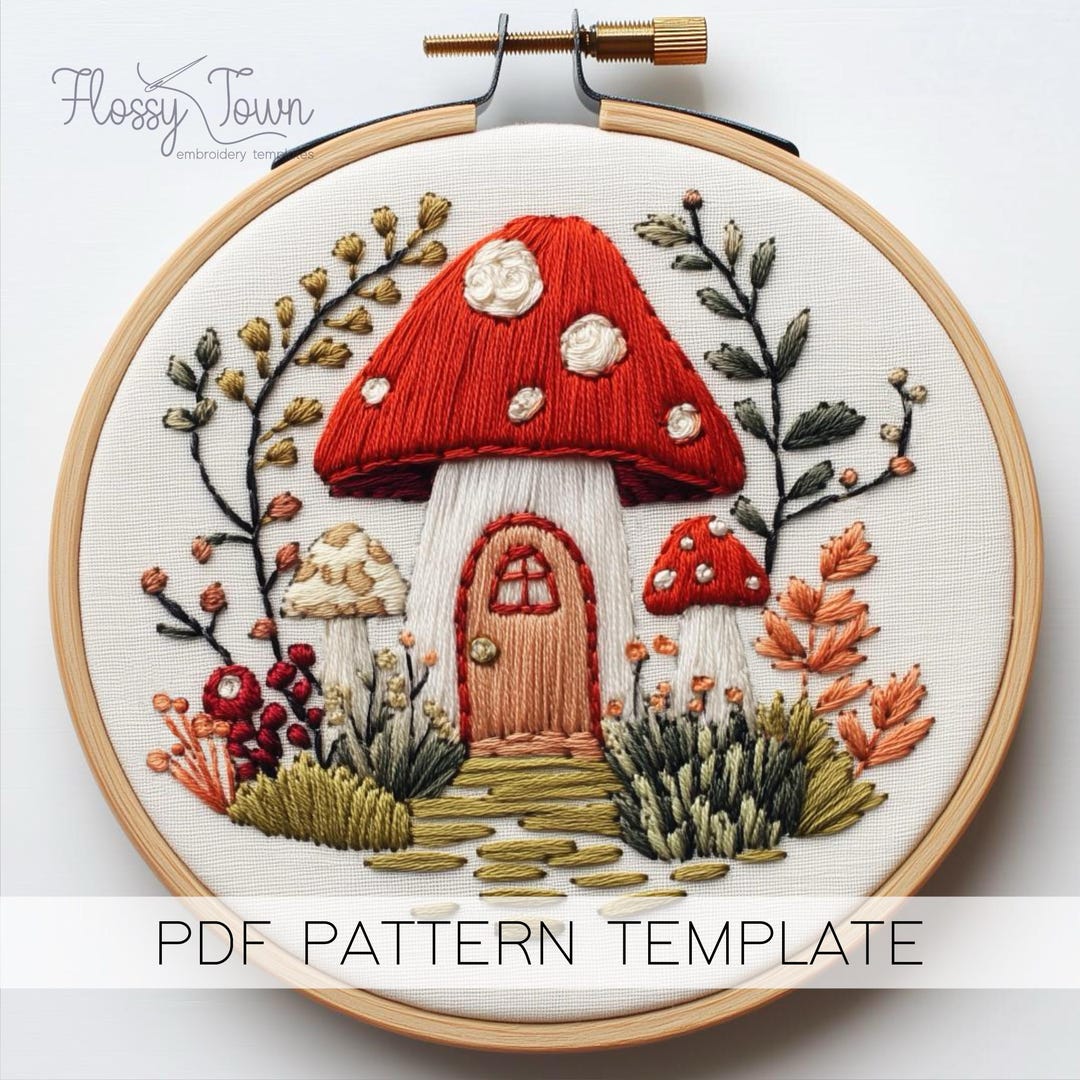 Toadstool House Embroidery Pattern Template, Mushroom House Embroidery ...