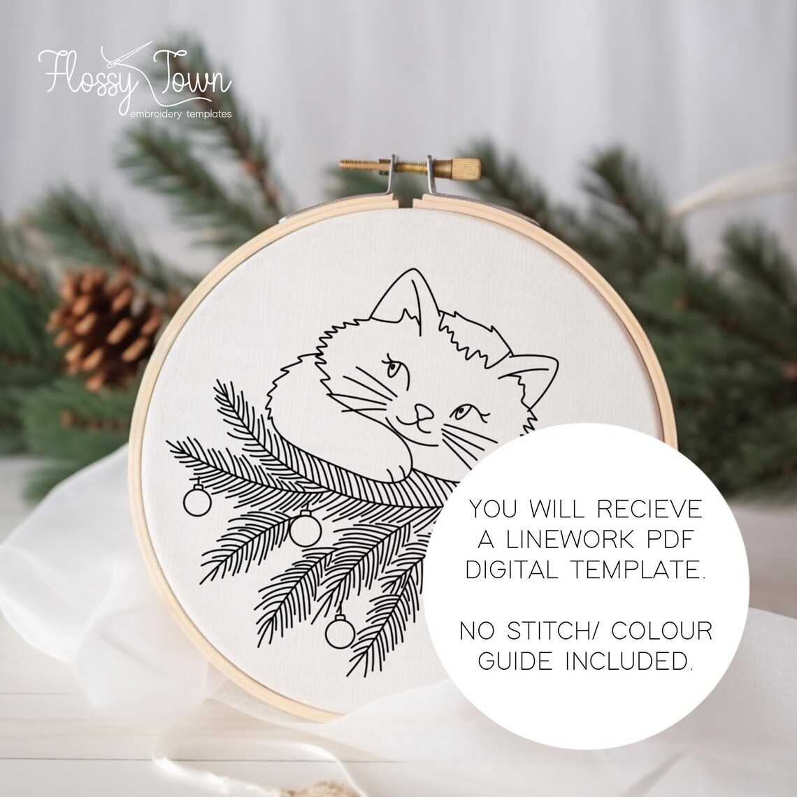 Festive Cat Hand Embroidery Pattern Template, Christmas Pine Embroidery ...