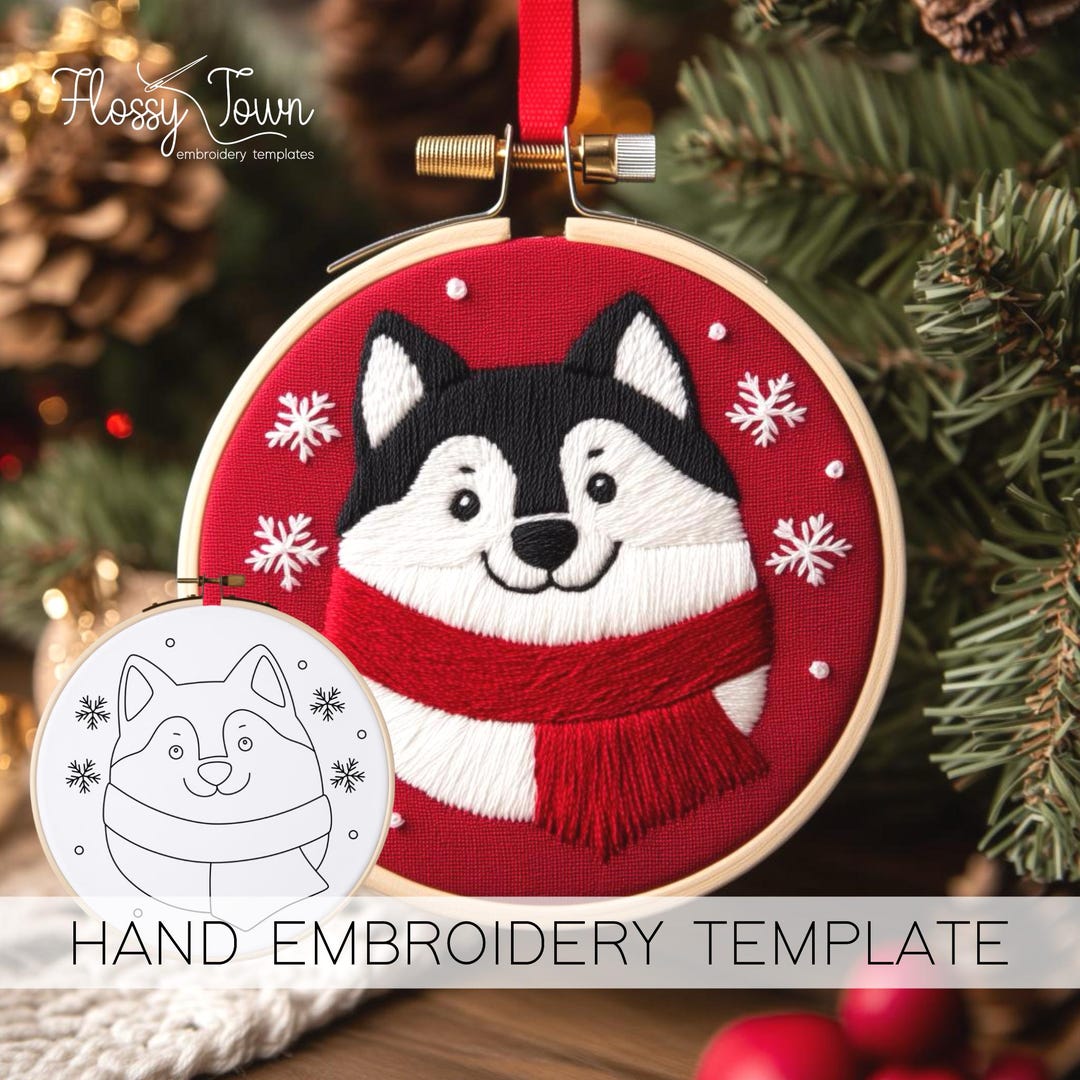 Husky Christmas Hand Embroidery Template (NO STITCH GUIDE), Christmas ...