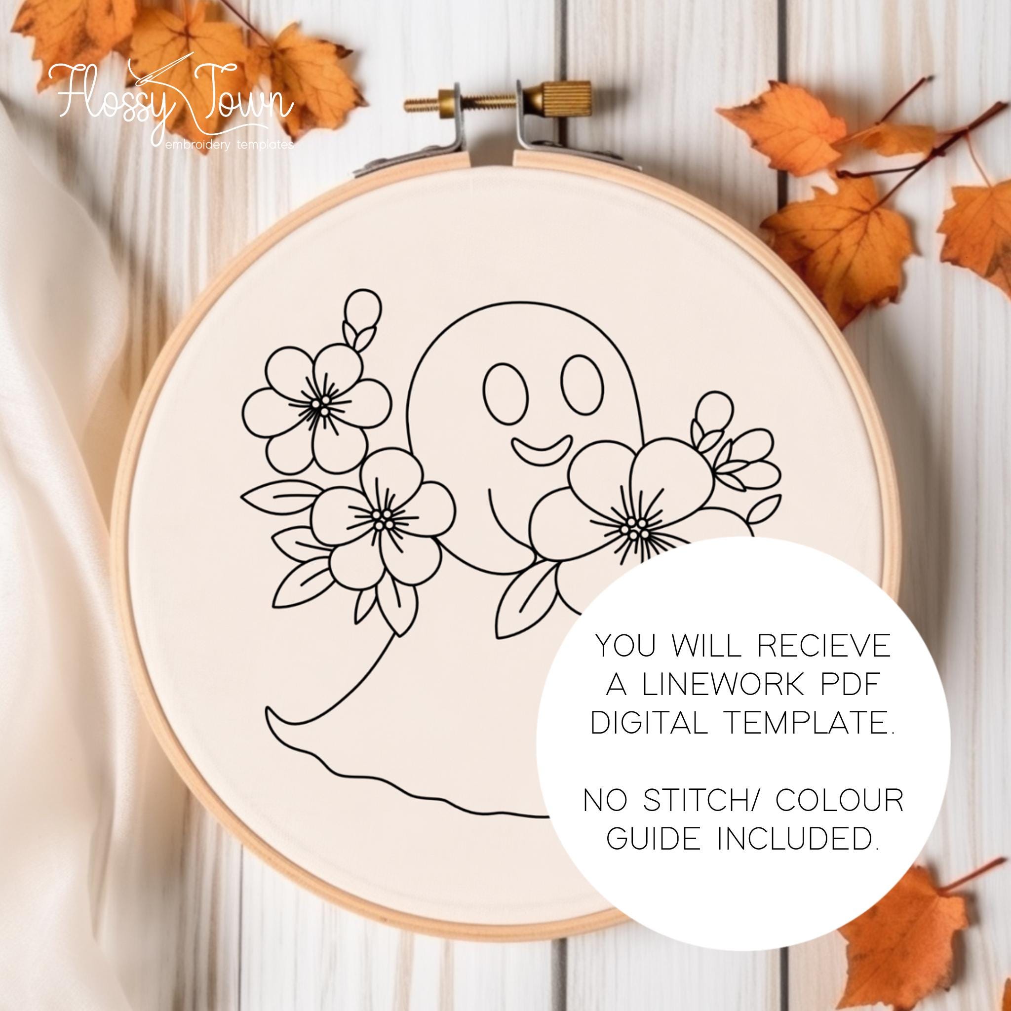 Ghost Flowers Embroidery Template, Easy Halloween Embroidery Pattern ...