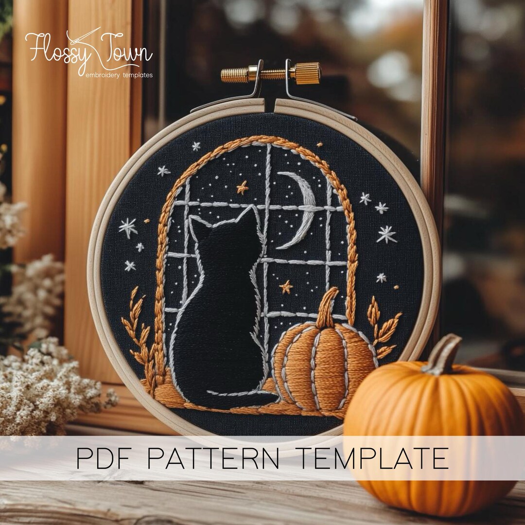 Autumn Window Embroidery Pattern Template, Fall Leaves Hand Embroidery ...