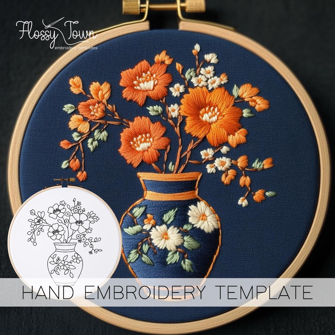 Asian Flower Vase Embroidery Template (NO STITCH GUIDE), Vase of ...