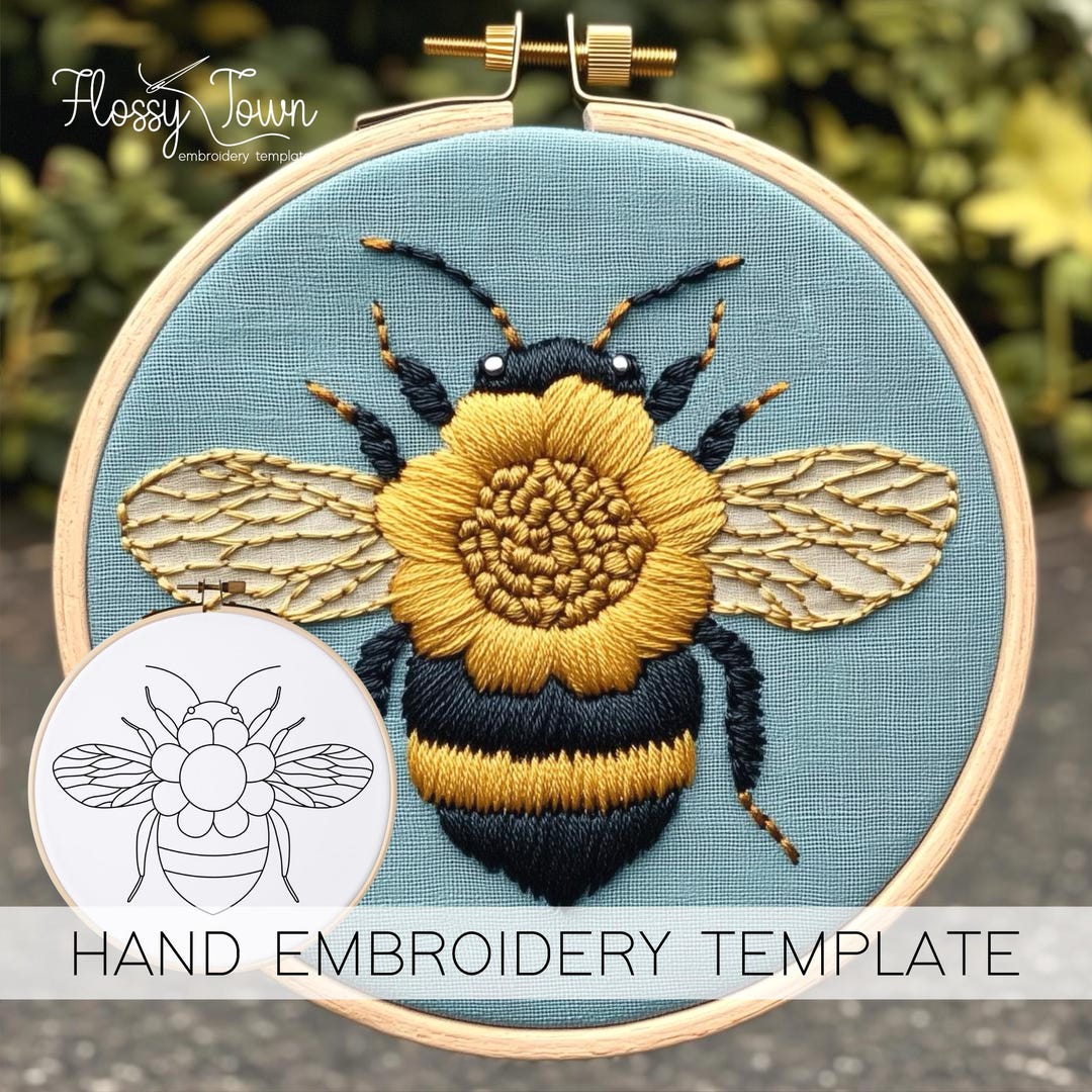 Bee Flower Hand Embroidery Pattern Template (NO STITCH GUIDE), Bumble ...