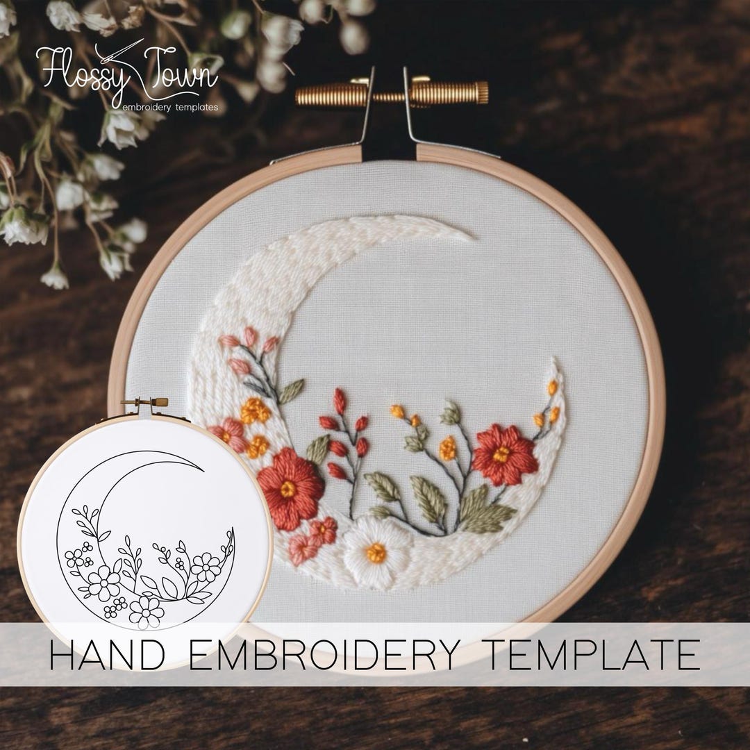 Floral Moon Embroidery Template (NO STITCH GUIDE), Celestial Hand ...