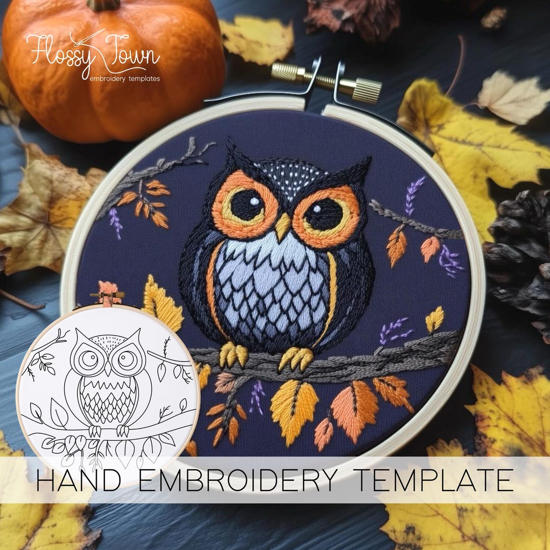 Autumn Owl Embroidery Template (NO STITCH GUIDE), Owls Hand Embroidery ...