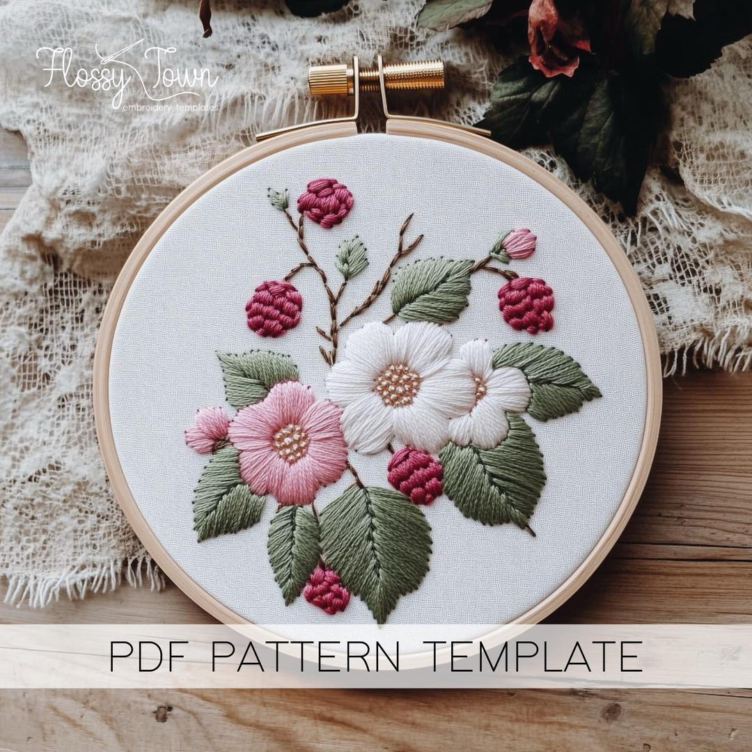 Berries Hand Embroidery Pattern Template, Raspberry Embroidery Pattern ...