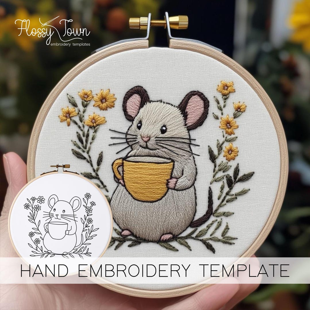 Mouse Mug Hand Embroidery Template(no STITCH GUIDE), Cottagecore ...