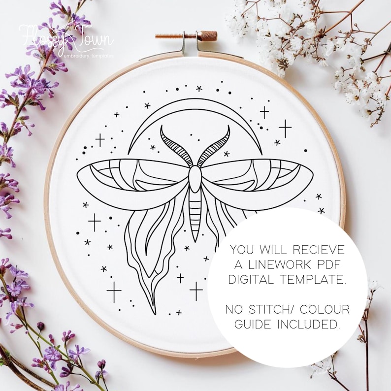 Whimsical Moth Embroidery Template (NO STITCH GUIDE), Moon and Moth ...