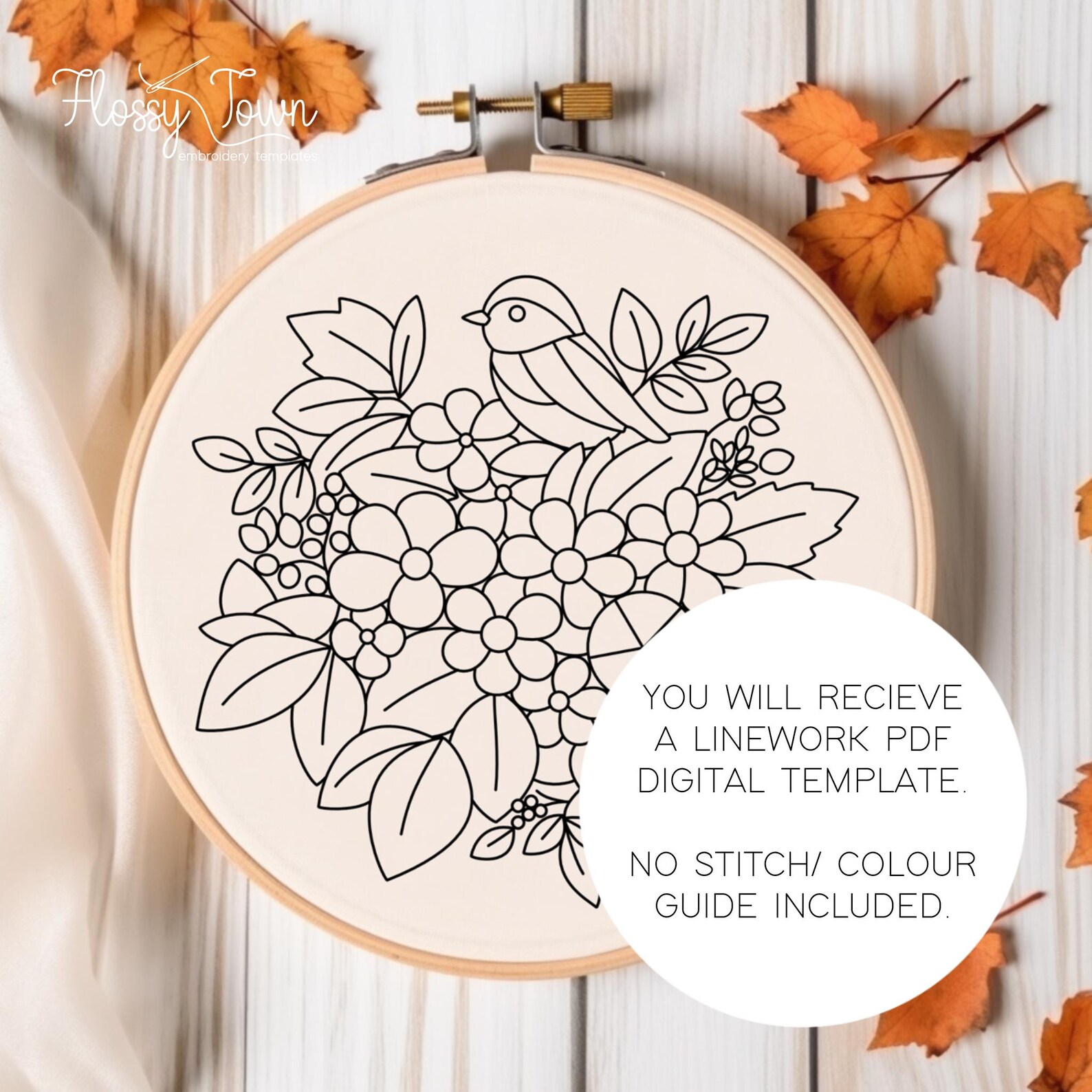 Fall Bird Embroidery Pattern Template, Fall Leaves Hand Embroidery ...