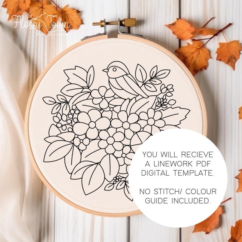 Fall Bird Embroidery Pattern Template, Fall Leaves Hand Embroidery ...