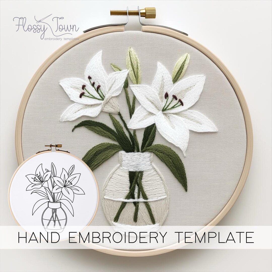 Lily Vase Hand Embroidery Template (NO STITCH GUIDE), Embroidery Floral ...