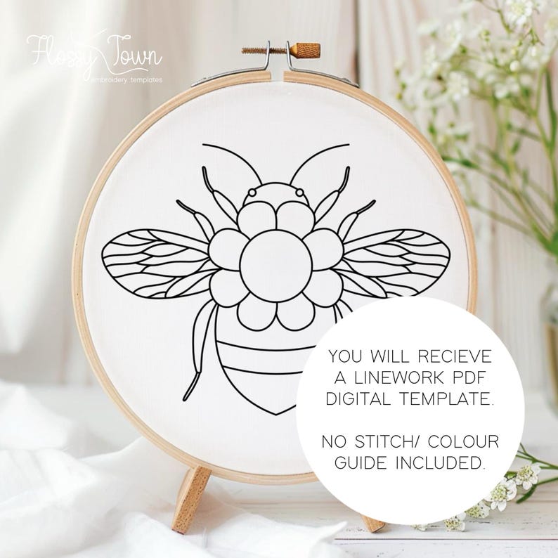 Bee Flower Hand Embroidery Pattern Template (NO STITCH GUIDE), Bumble ...
