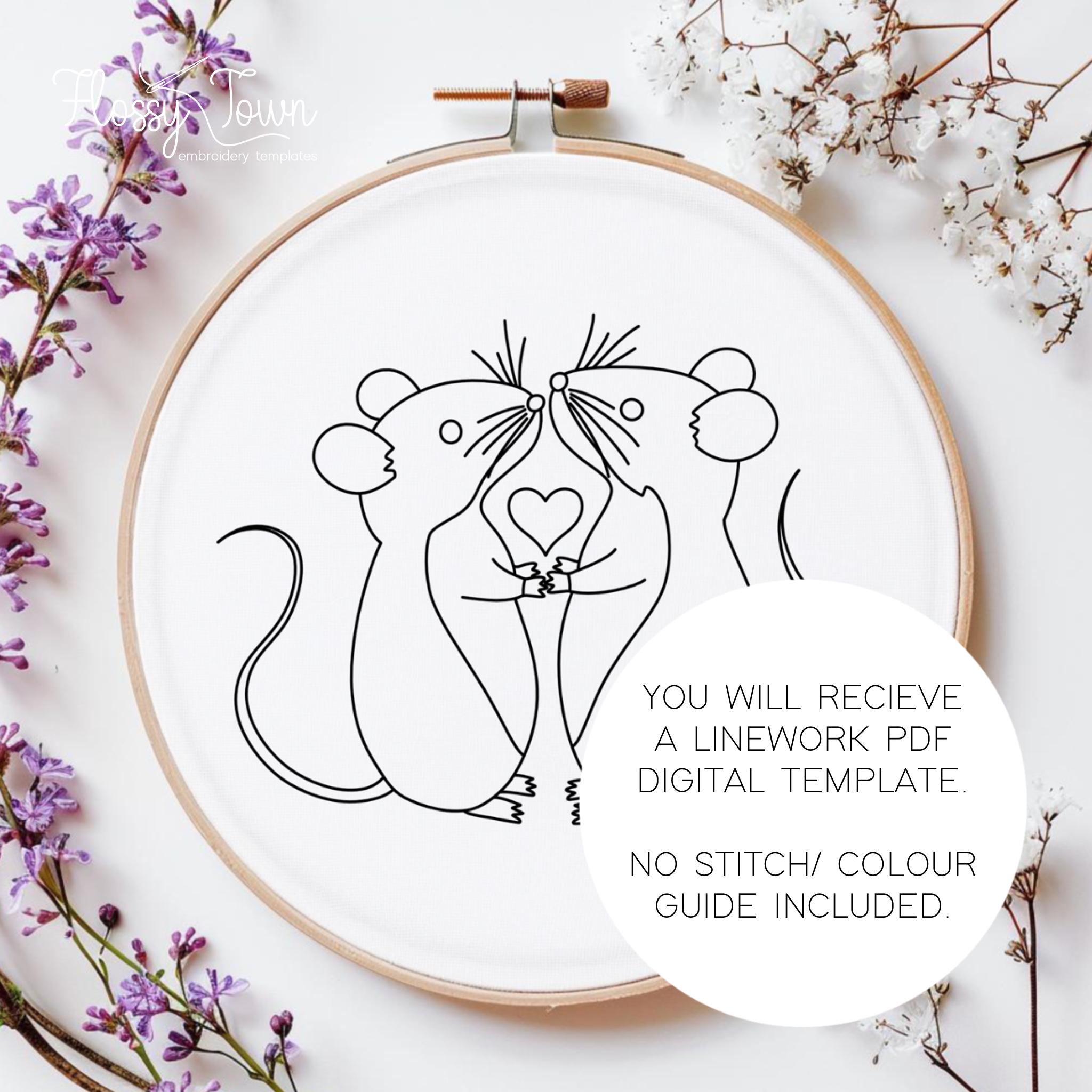 Rats Hand Embroidery Template (NO STITCH GUIDE), Cute Rats Embroidery ...