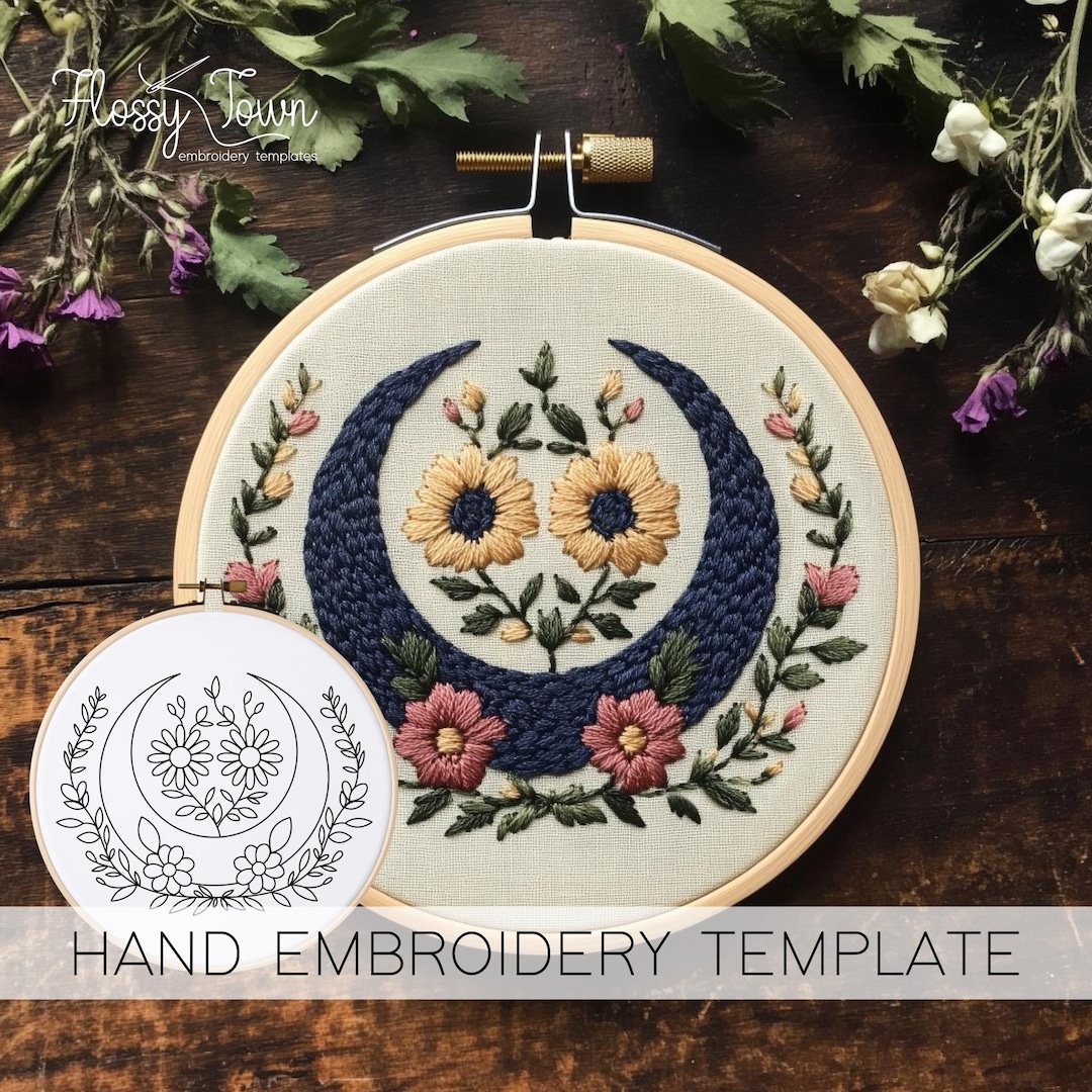 Crescent Moon Embroidery Template (NO STITCH GUIDE), Witchy Hand ...