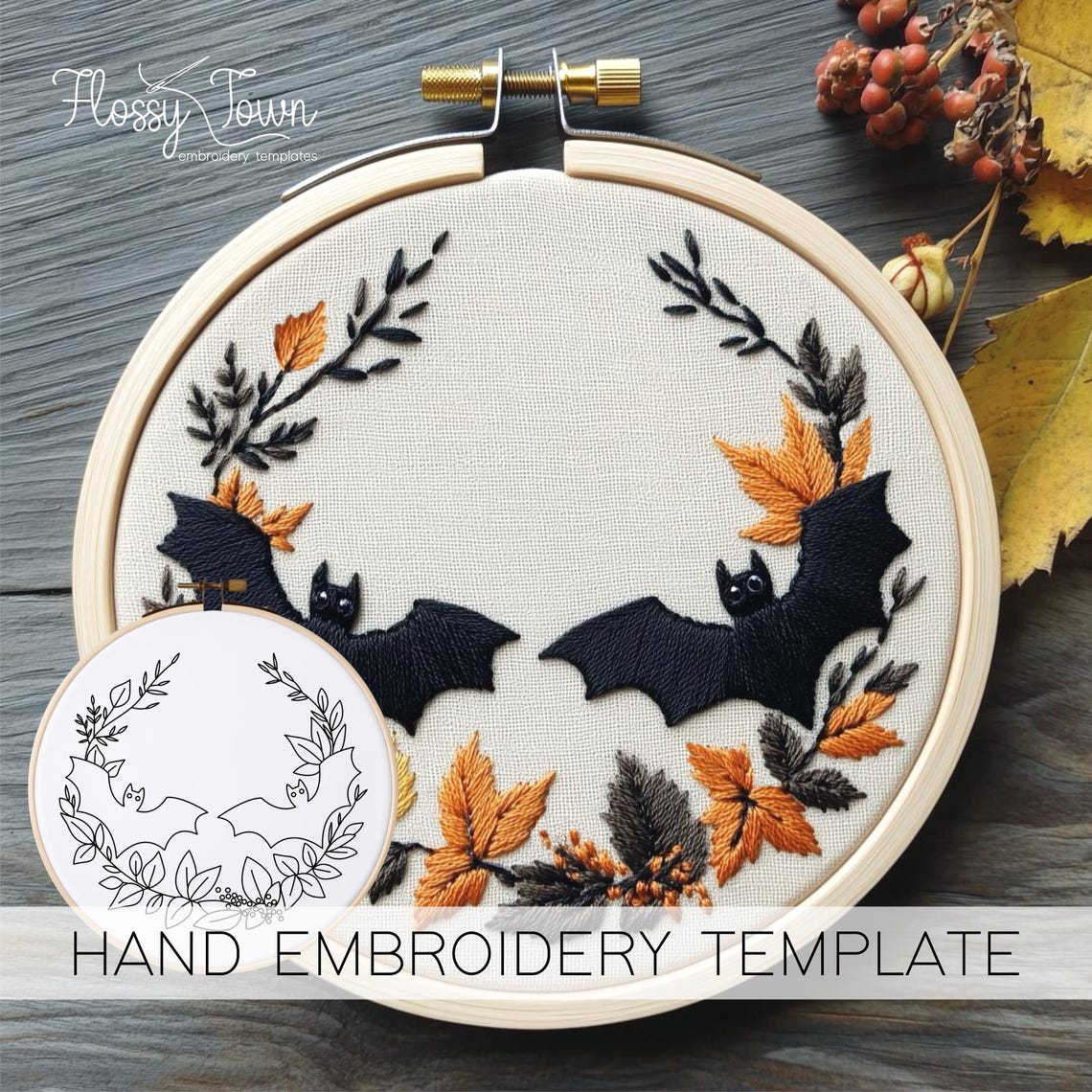 Bats Wreath Hand Embroidery Template(no STITCH GUIDE), Spooky Halloween ...