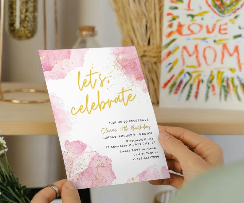 Blush Pink Let's Celebrate Invitation Template, Editable Pink Gold ...